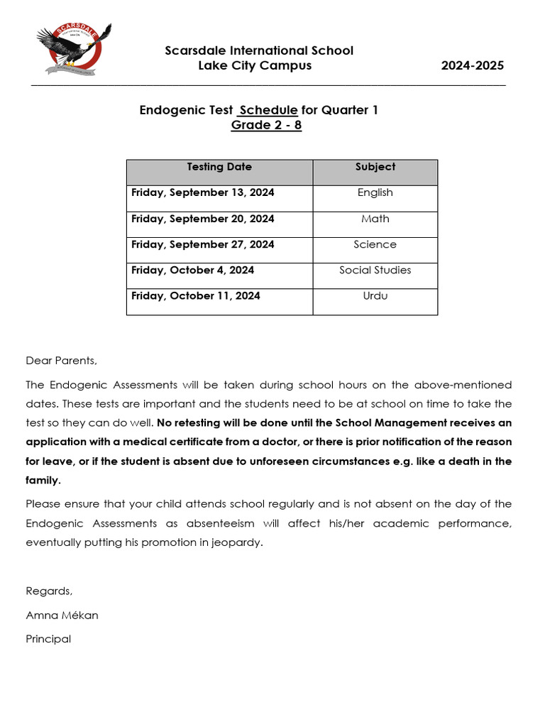Q1 Endo Test Schedule For Students | PDF