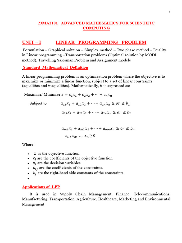 23ma2101 Advanced Mathematics For Scientific Computing | PDF | Linear Programming | Teaching ...