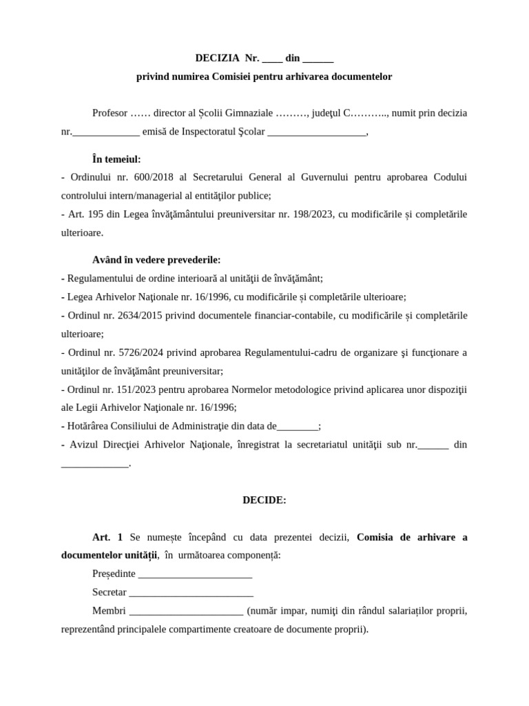 1 Decizie Numire Comisie Arhivare | PDF
