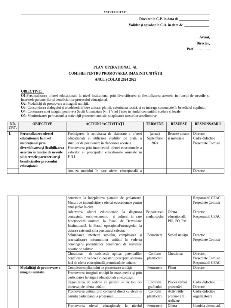 3 Plan Operational Comisie Promovare Imagine Unitate | PDF