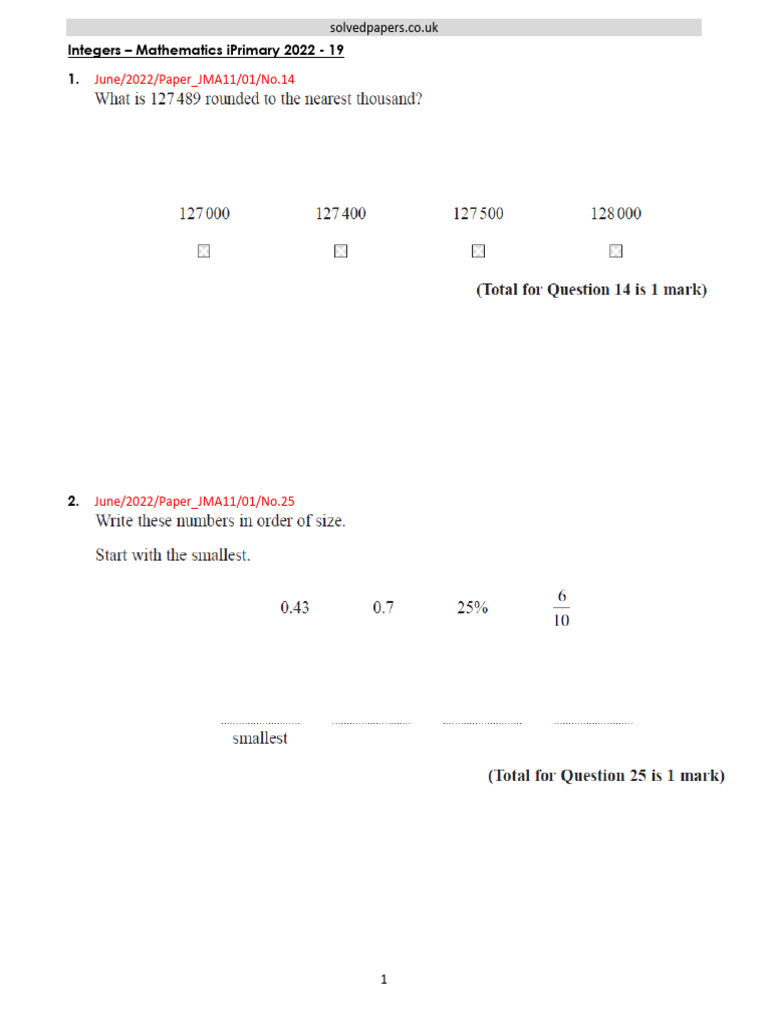 2022 19 Integers Edexcel Math Iprimary | PDF