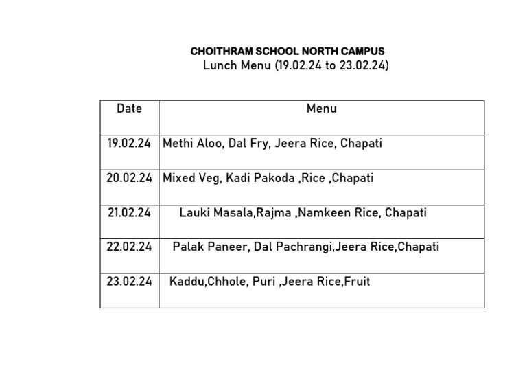 Lunch Menu (19.02.24 To23.02.24) | PDF
