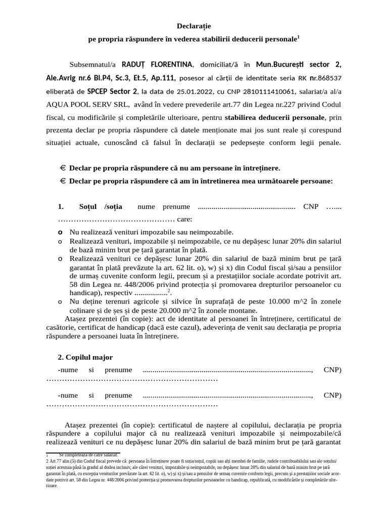 Declaratie Angajat Deduceri Personale | PDF