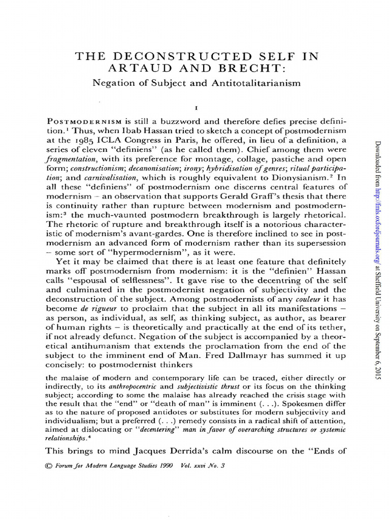 The Deconstructed Self in Artaud and Brecht Negation of Subject and Antitotalitarianism - OCR | PDF