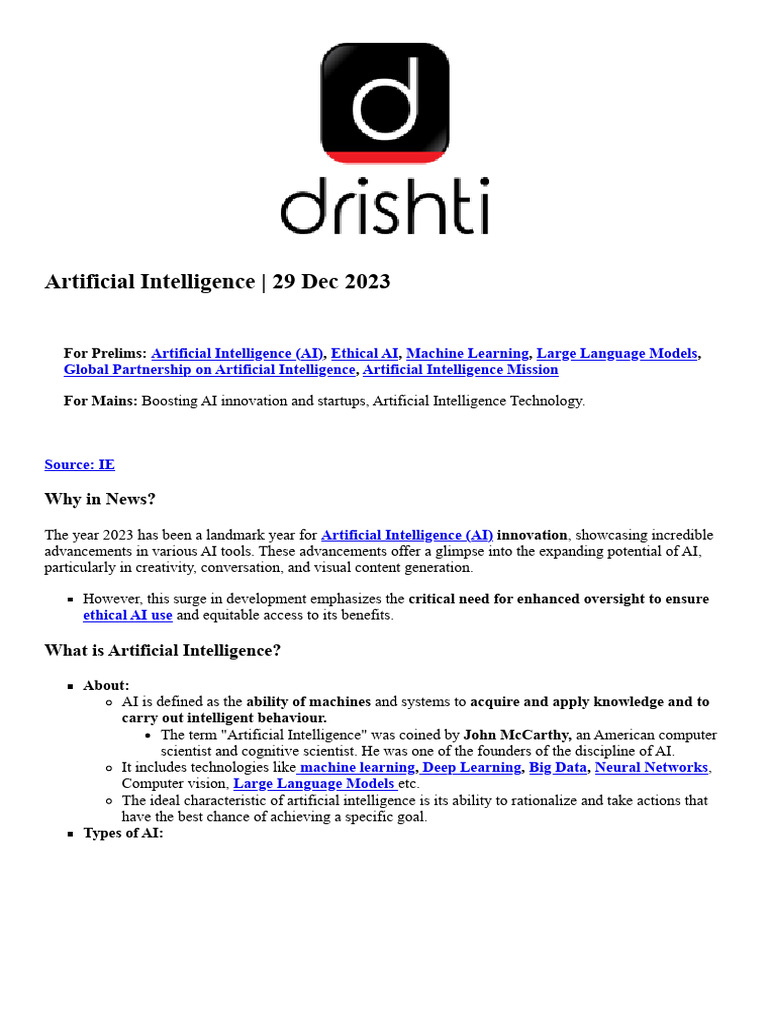 Artificial Intelligence - 29 Dec 2023: Why in News? | PDF | Artificial ...
