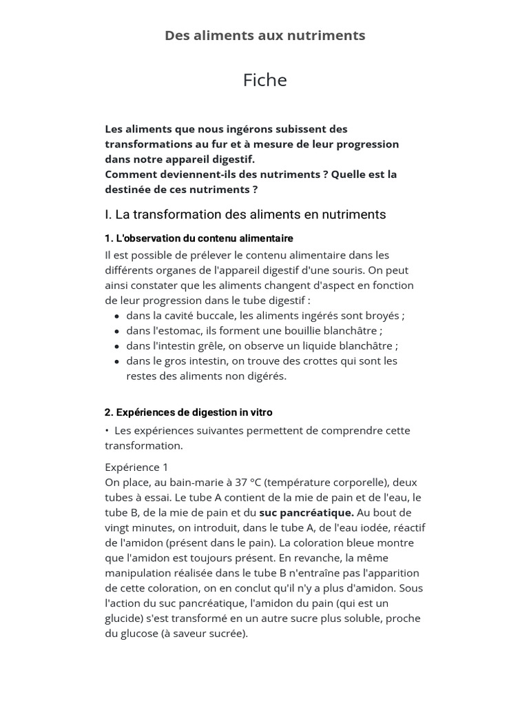 Des Aliments Aux Nutriments - Assistance Scolaire Personnalisée Et ...