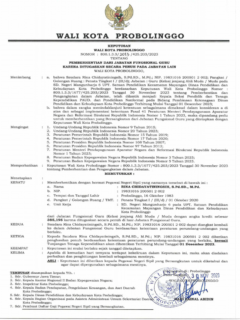 Contoh SK Pemberhentian Dari Jabatan Fungsional | PDF