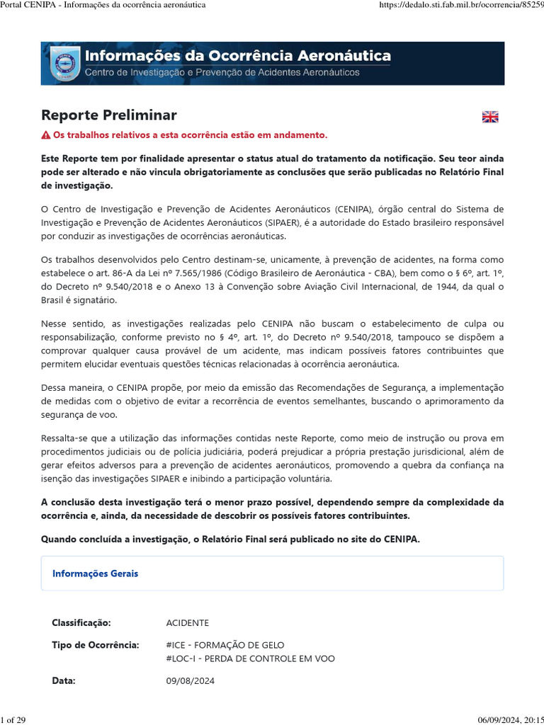 SIPAER - Relatorio Preliminar ATR72 - Voepass - 09082024 - Icing - LOCI ...