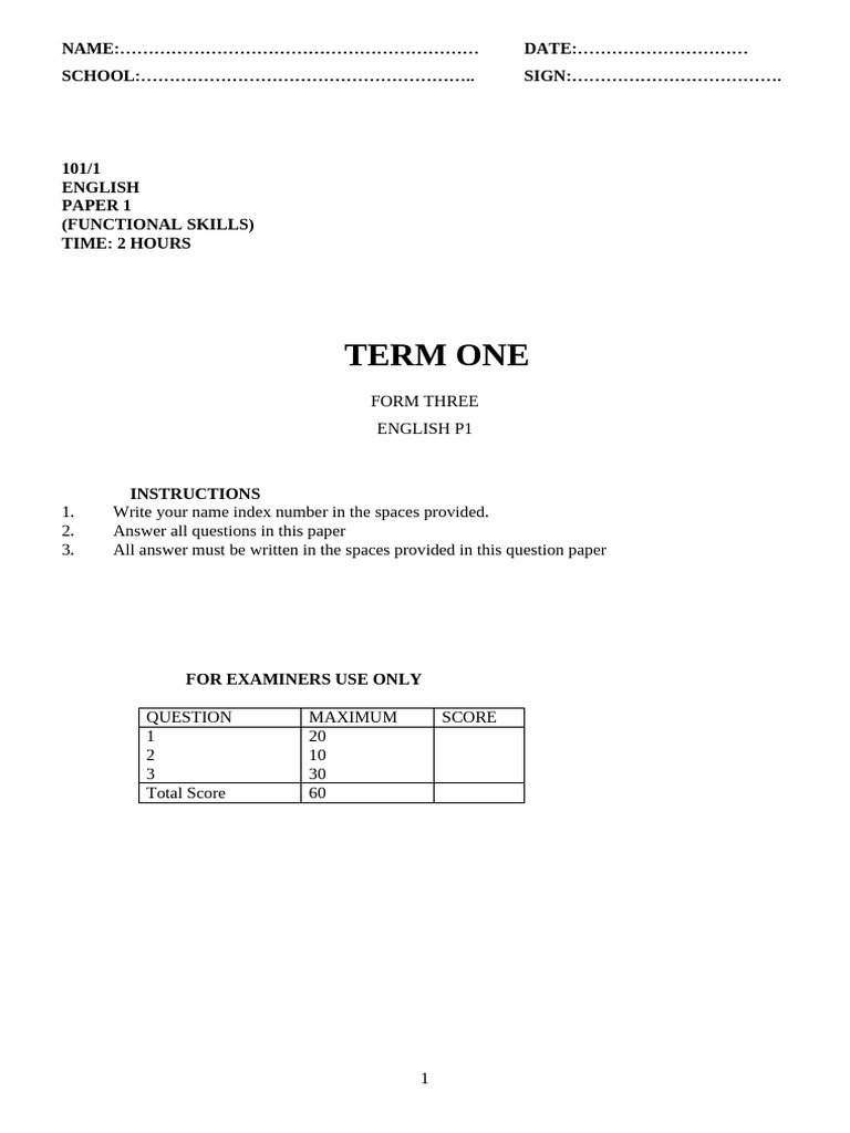 English p1 Form 3 2022 End Term 1 Teacher - Co .Ke | PDF