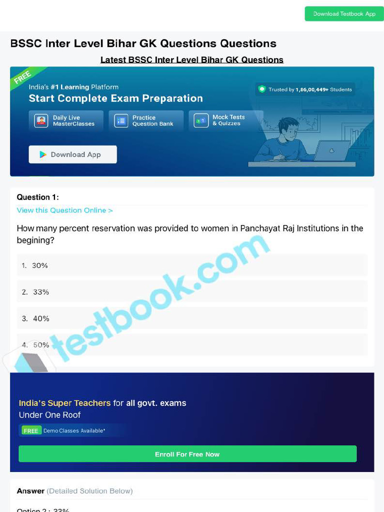 BSSC Inter Level Bihar GK Questions 650a9dc110758f8f11026ba9 | PDF