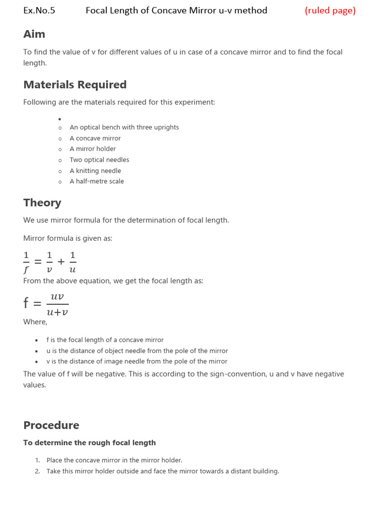 12th-Ex - No.5-Focal Length of Concave Mirror | PDF | Mirror | Teaching Methods & Materials