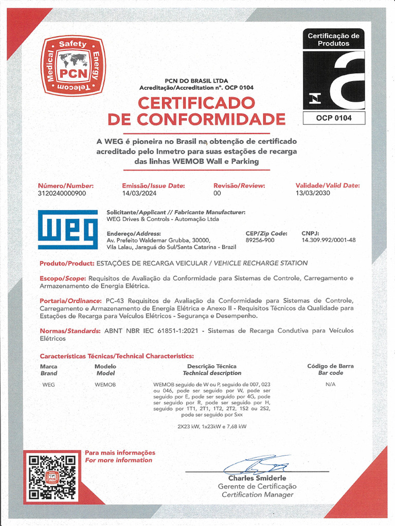 WEG-WEMOB (2024) - Certificado de Conformidade PCN EPs WEMOB WALL e PARKING | PDF