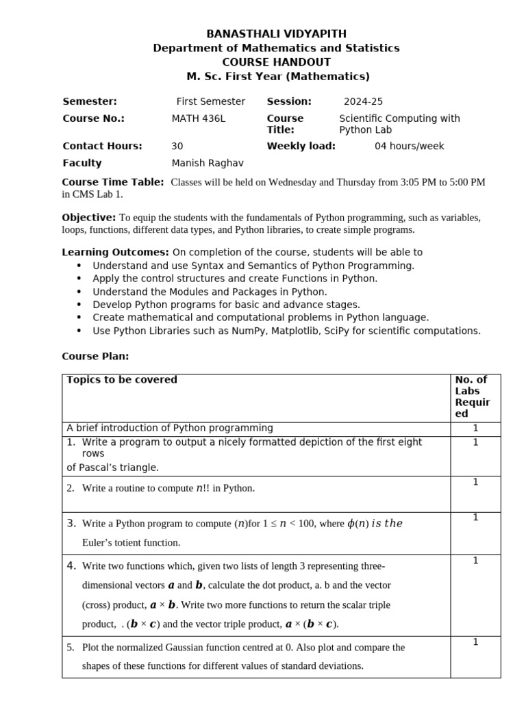 MSC I Sem - MATH 436L - Python Lab | PDF