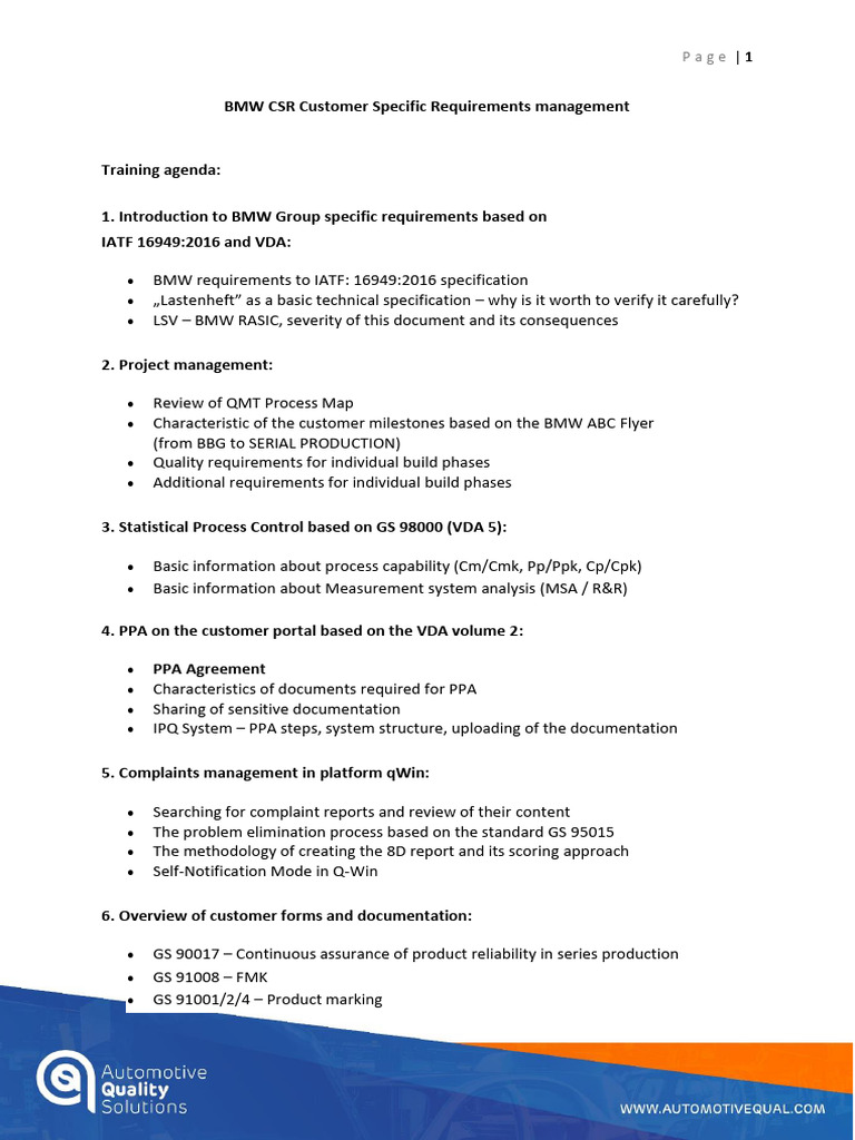 BMW CSR Training Customer Specific Requirements Management | PDF