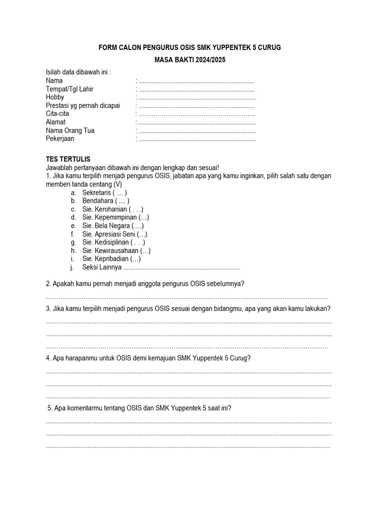 Form Calon Pengurus Osis SMK Yuppentek 5 Curug 2 | PDF