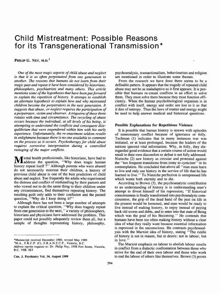 Ney 1989 Child Mistreatment Possible Reasons For Its Transgenerational Transmission | PDF