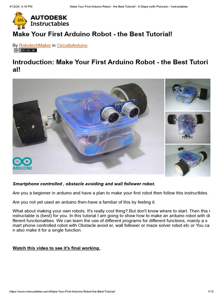 Make Your First Arduino Robot - The Best Tutorial! - 8 Steps (With Pictures) - Instructables | PDF
