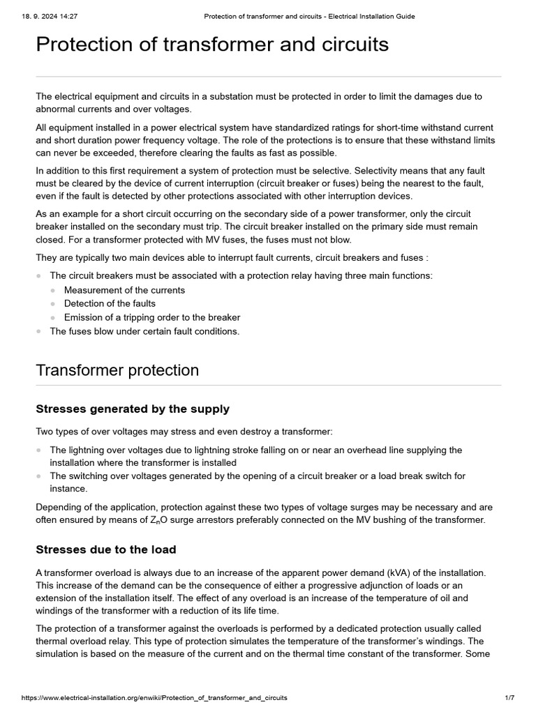 Protection of Transformer and Circuits - Electrical Installation Guide ...