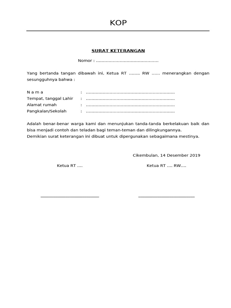 Contoh Surat Keterangan RT, RW, Orang Tua, Kamabigus | PDF
