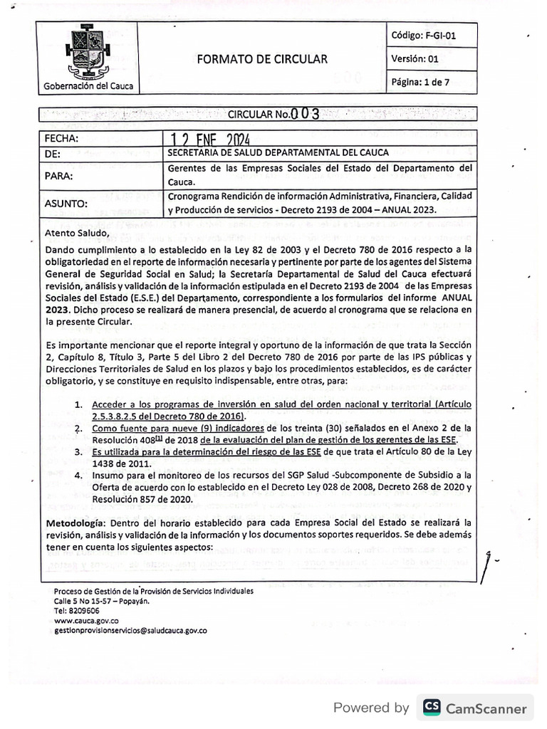 CIRCULAR 003 CRONOGRAMA ANUAL 2193 DE 2004 | PDF