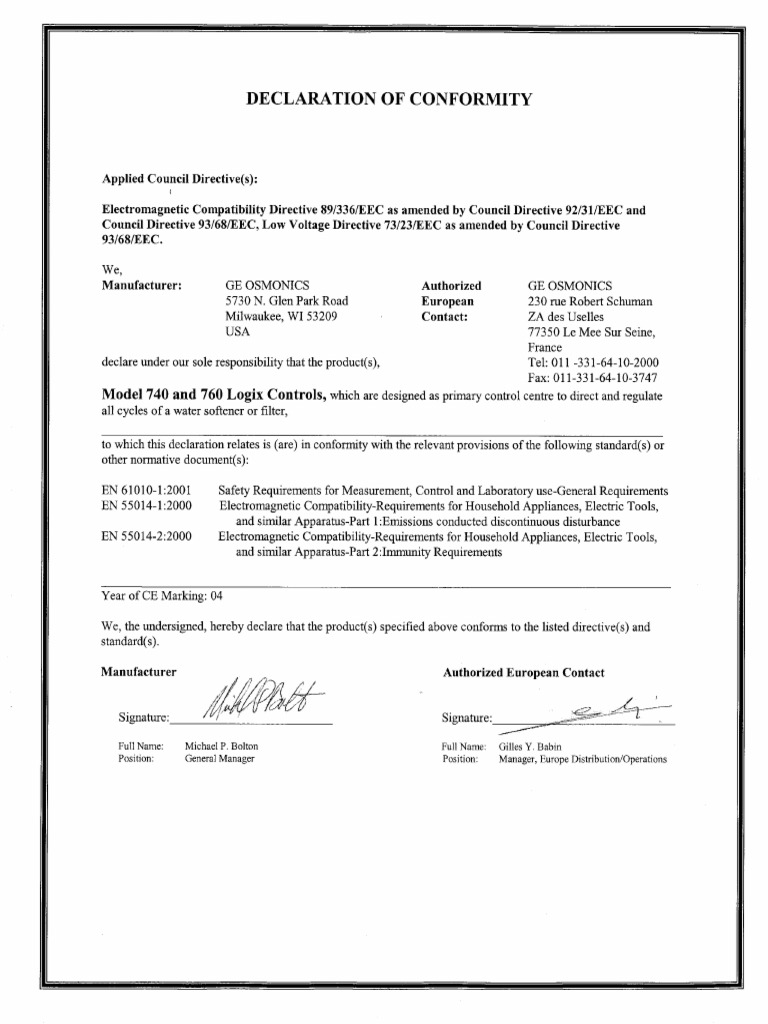 CE 740 - 760 Logix - Declaration | PDF