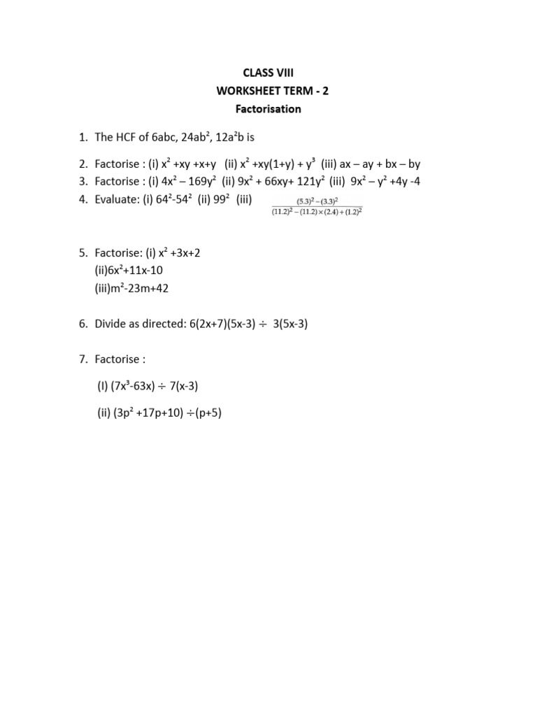 CLASS VIII Worksheet Factorisation | PDF