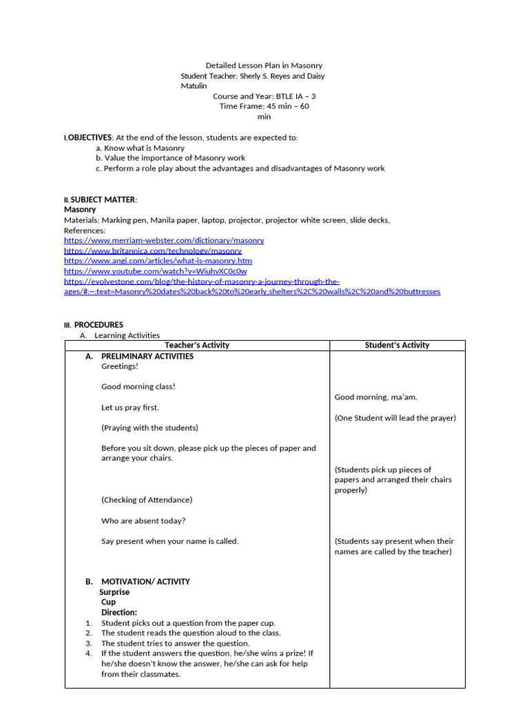 Lesson Plan in Masonry Using 4a's | PDF