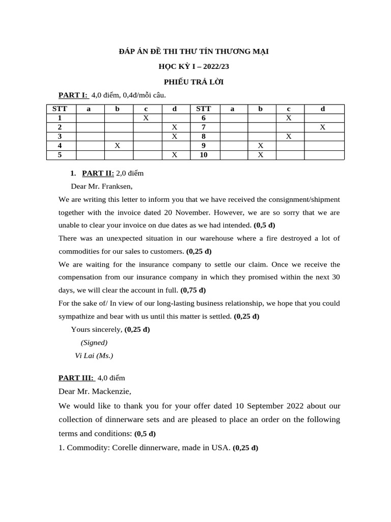 Đáp Án TTTM - Lai Thi Tuong Vi | PDF