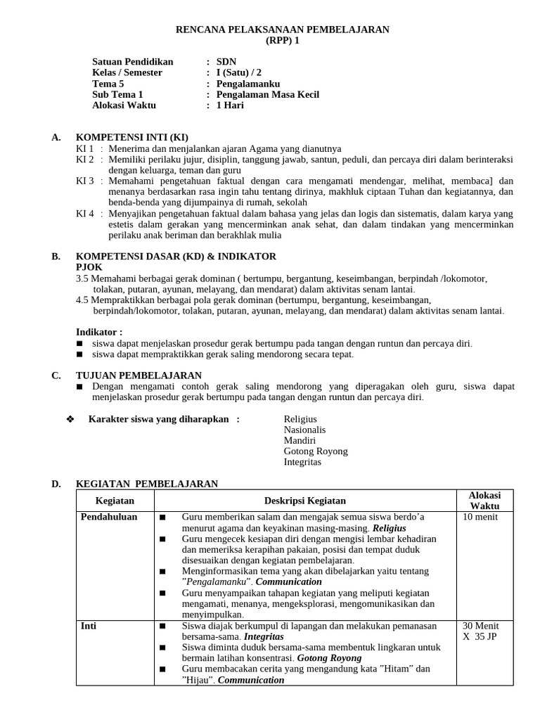 RPP Kelas 1 Semester 2 | PDF