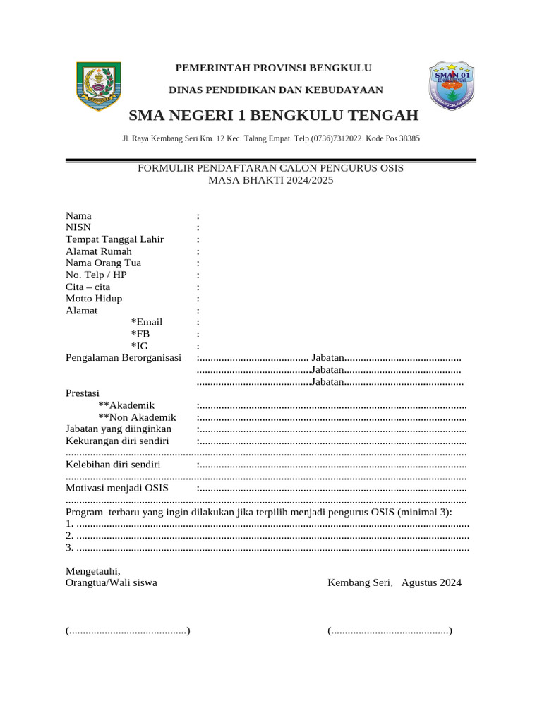 Form Pengurus Osis 2024 | PDF
