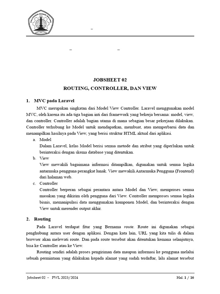 PWL - Jobsheet 02 - Routing Controller View | PDF
