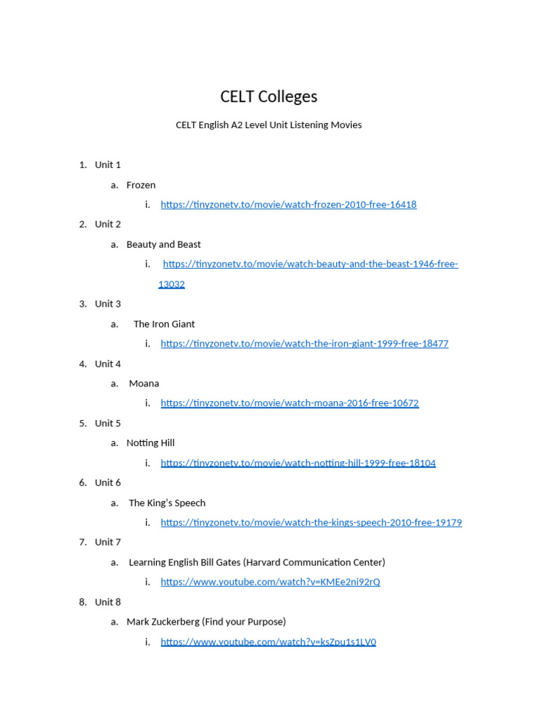 CELT Colleges A2 Movies | PDF