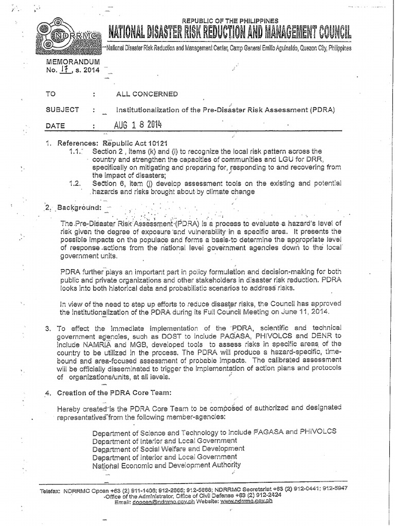 2014 NDRRMC Memorandum Institutionalization of The Pre Disaster Risk ...
