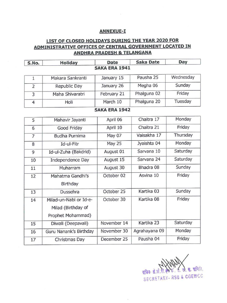List of Holidays For 2020 | PDF
