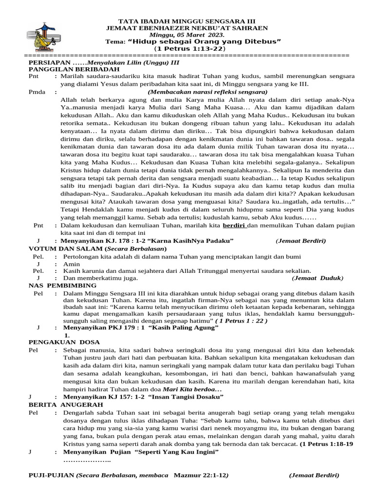 TATA IBADAH MINGGU SENGSARA III Minggu, 05 Maret 2023. | PDF