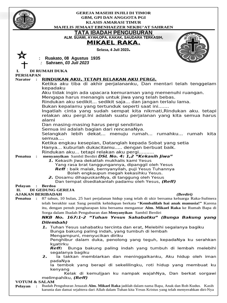 Tata Ibadah Penguburan Alm. Mikael Raka | PDF