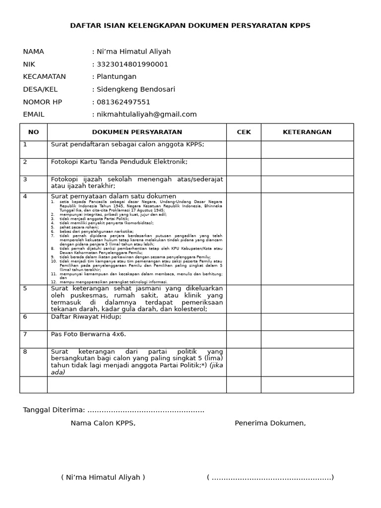 99 Daftar Isian Kelengkapan Dokumen Persyaratan Kpps | PDF 99 Daftar Isian Kelengkapan Dokumen Persyaratan Kpps | PDF