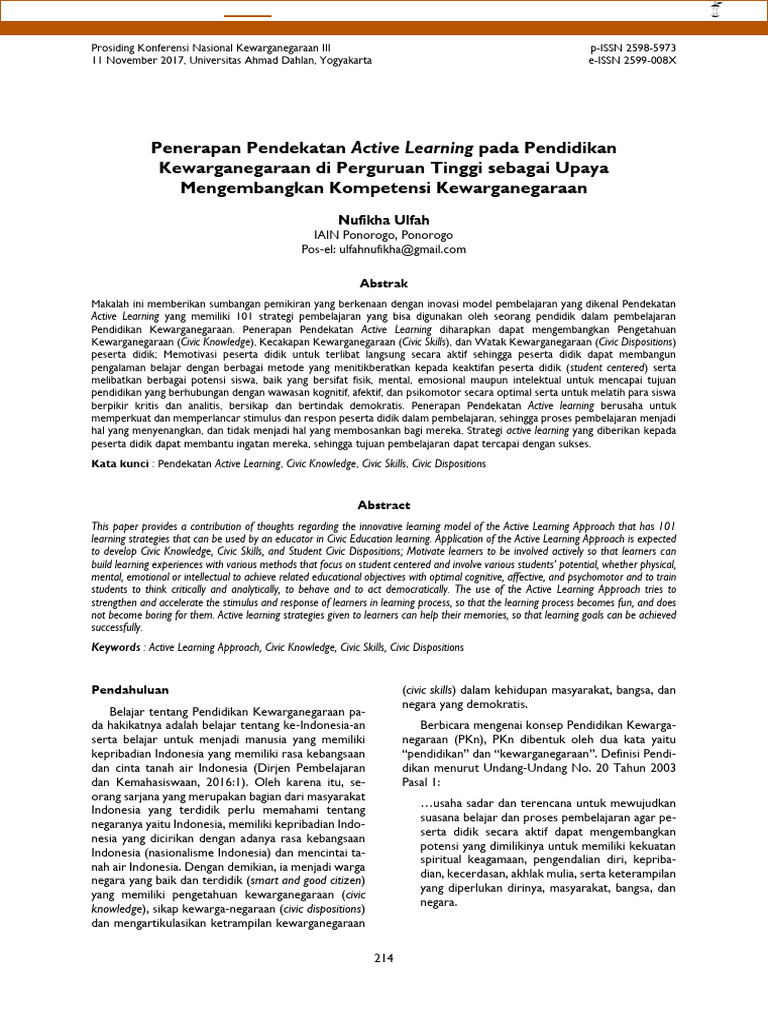 Penerapan Pendekatan Active Learning Pada Pendidikan Kewarganegaraan Di Perguruan Tinggi Sebagai ...