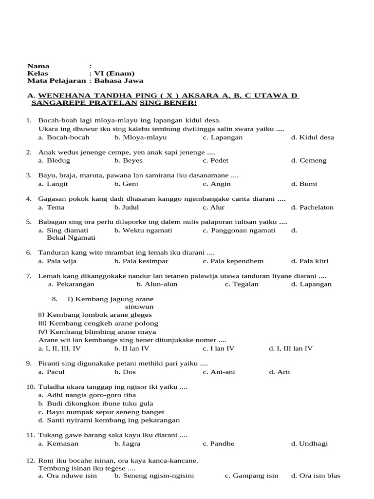 SOAL AMBK Basa Jawa Kls VI & Kunci Jawaban - BPK Musa 23-24 | PDF