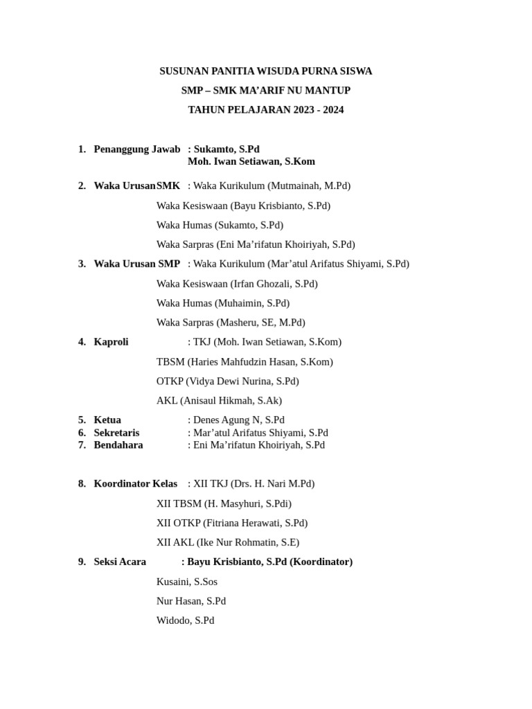 Susunan Panitia Wisuda Purna Siswa 23-24 | PDF