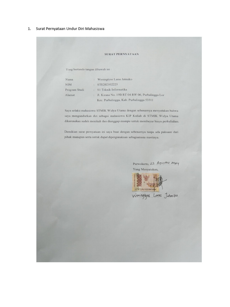 Surat Pernyataan Undur Diri Mahasiswa & Bukti Pembinaan | PDF