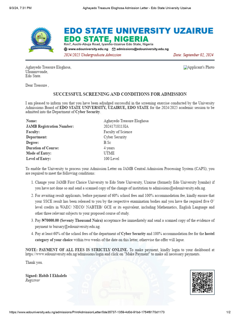 Admission Letter - Edo State University Uzairue | PDF
