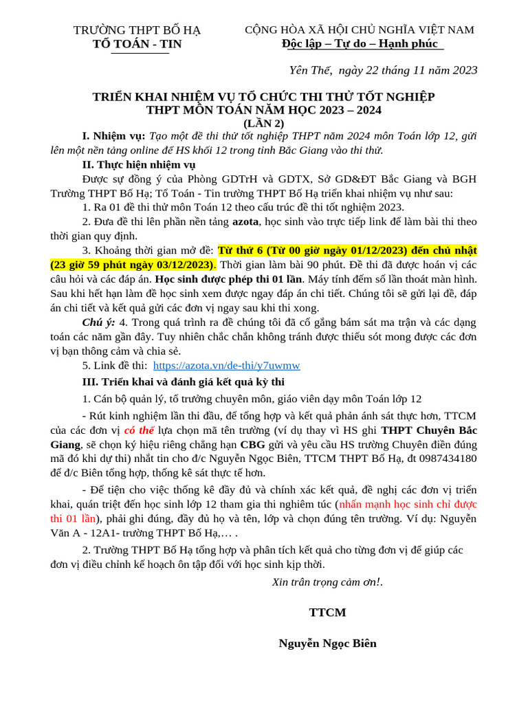 Ke Hoach Trien Khai Thi Thu TN THPT Lan 2 Ol Nam Hoc 2023 2024 2 | PDF