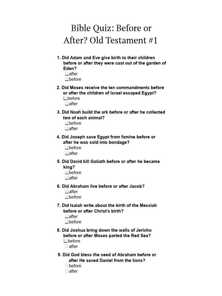 54 Printable Bible Quiz - Before or After Old Testament #1 | PDF