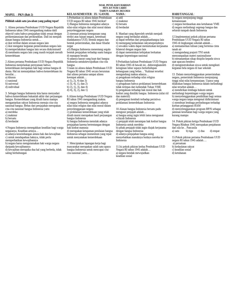 Soal PH PKN Kelas 9 Bab 2 | PDF