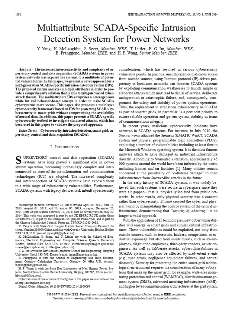 Multiattribute Scada Specific Intrusion Detection System For Power Networks Pdf