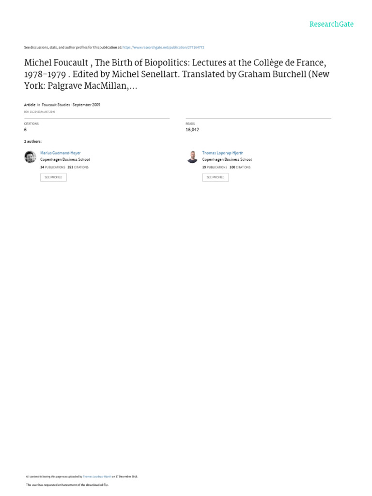 Foucault The Birth of Biopolitics Lectures | PDF