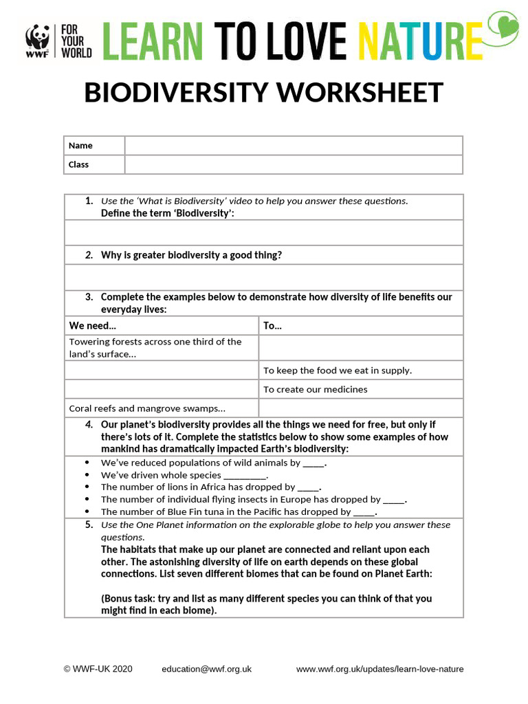 Biodiversity Worksheet | PDF