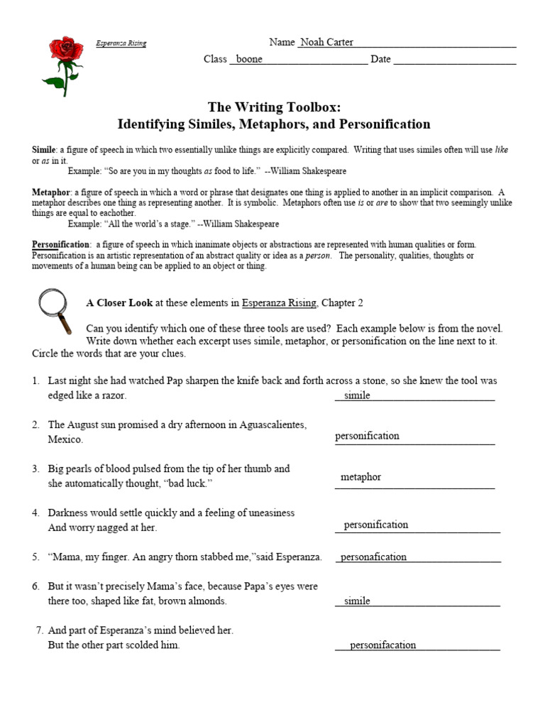 Person - Esperanza Rising Similes, Metaphors, Personification | PDF ...
