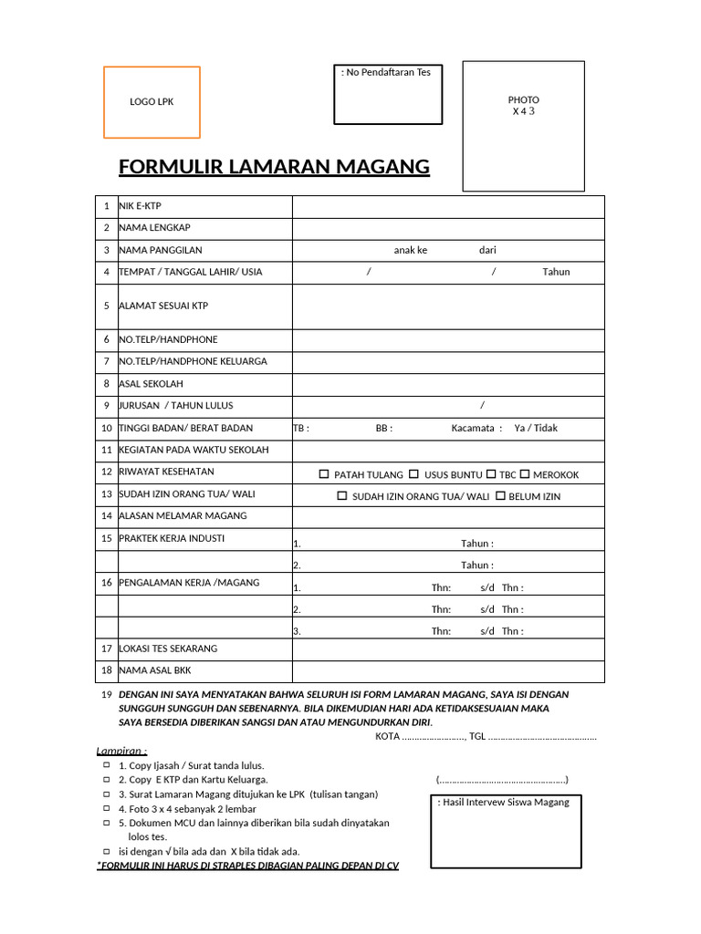 Formulir Lamaran MAGANG & KERJA 2023 | PDF